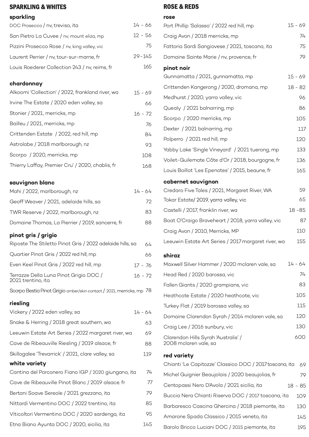 Menus – The Rocks Mornington